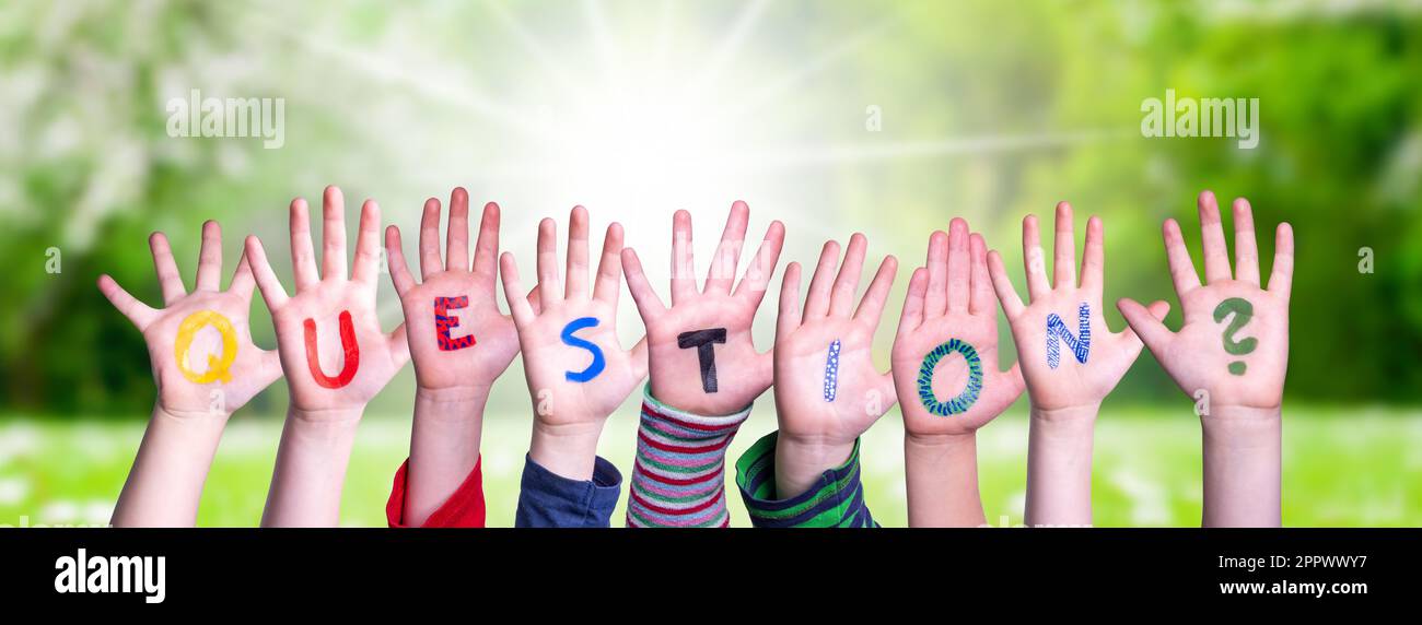 Children Hands Building Word Question, Grass Meadow Stock Photo - Alamy