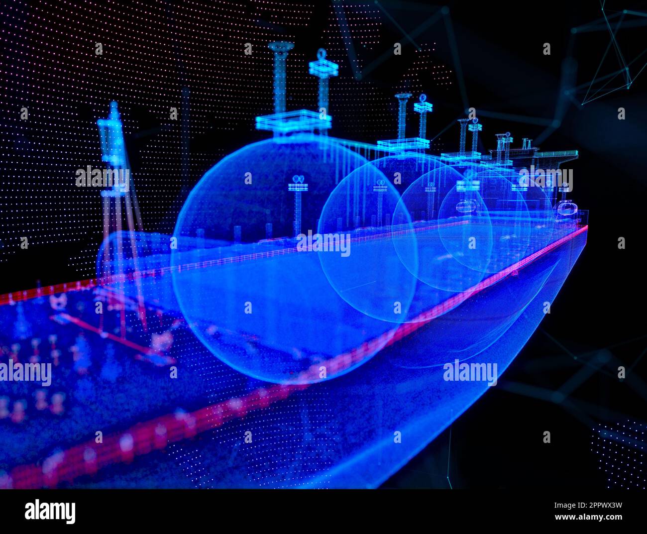 Gas carrier LNG. Glow particles vessel boat. Gas tanker. Industrial ...