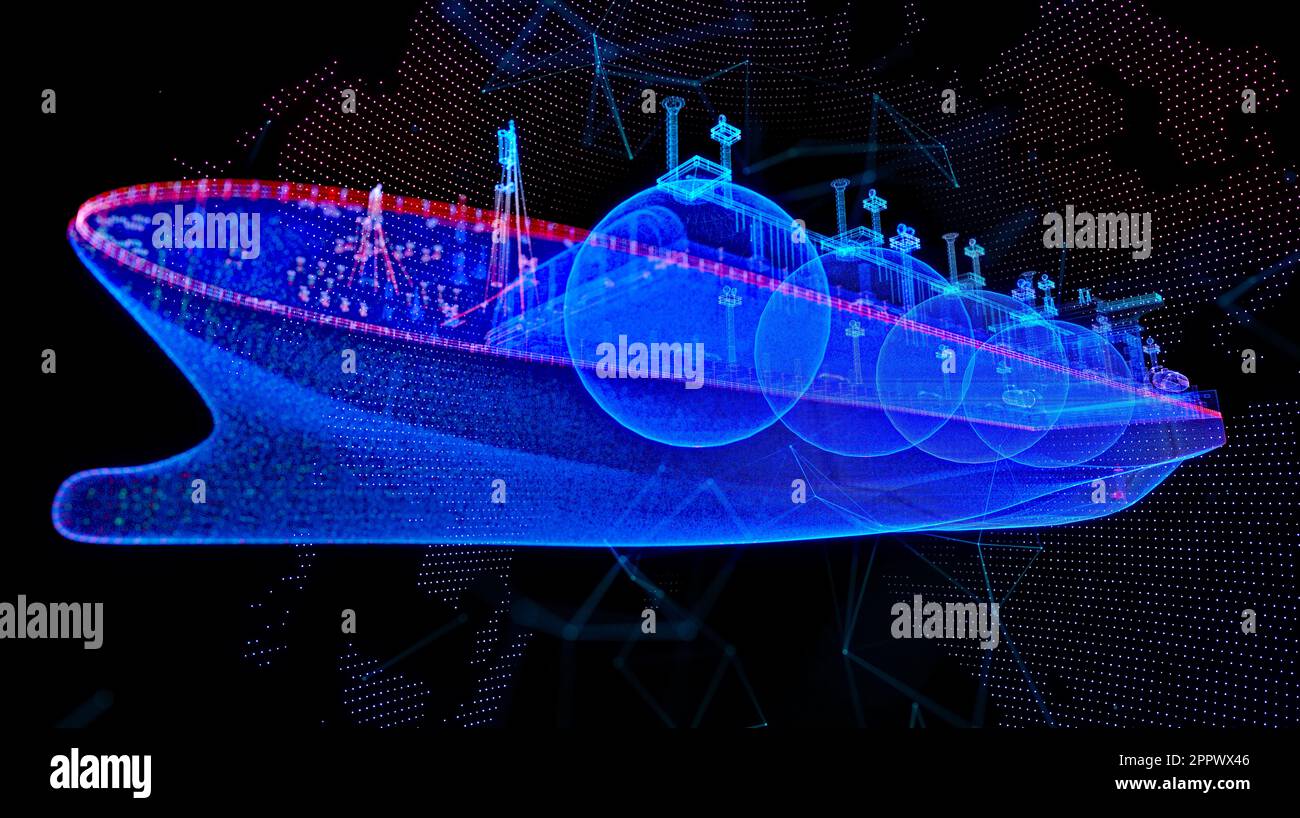 Glowing blue light 3d model Gas carrier LNG with lines, dots and ...