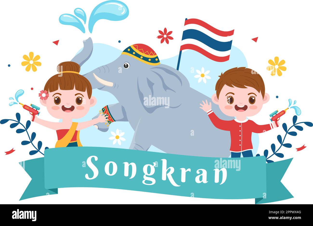 Happy Songkran Festival Day Hand Drawn Cartoon Illustration with Cute ...