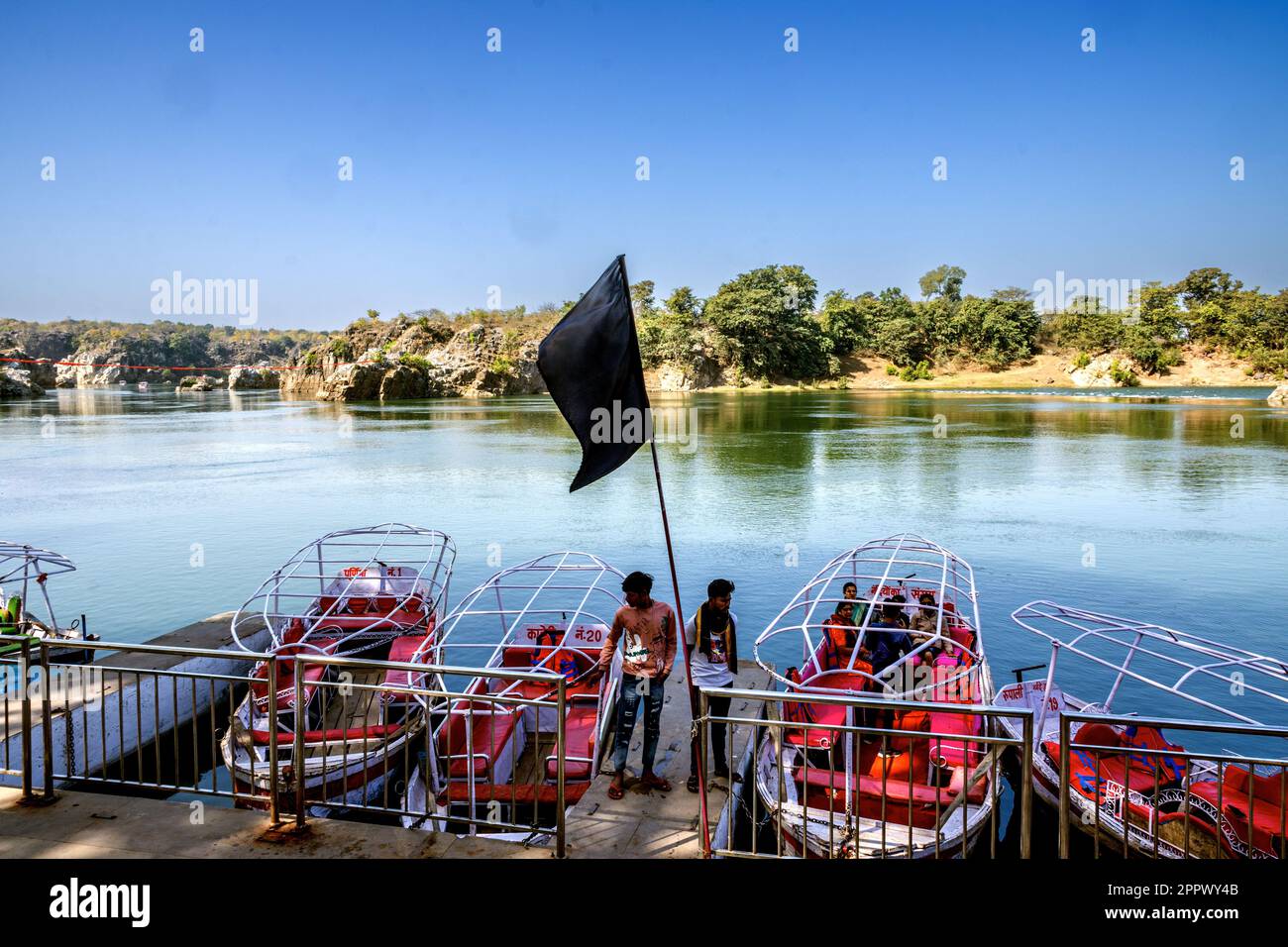 Tourist boats, Dhuandhar Waterfall, Narmada River, Bhedaghat, Jabalpur ...