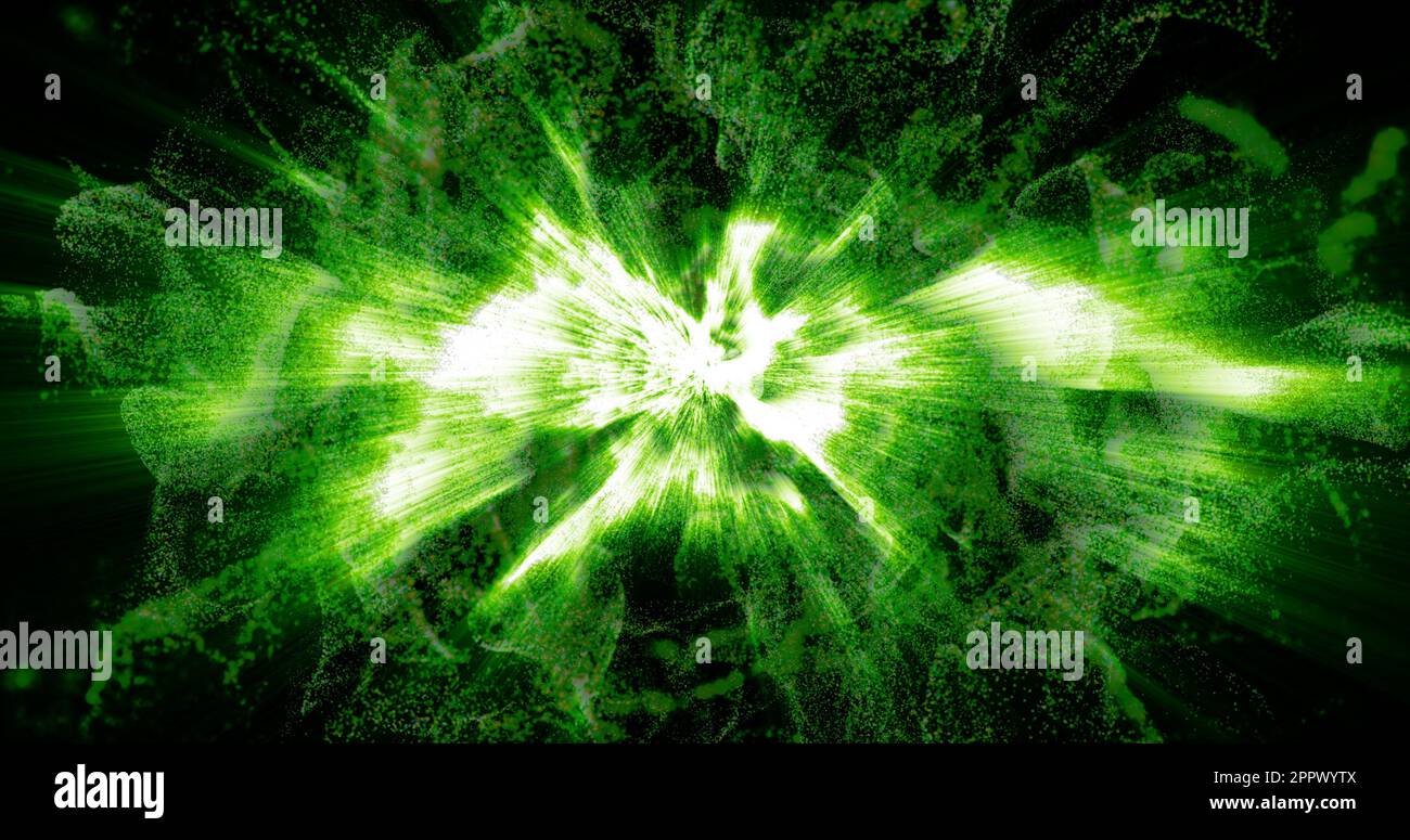 Abstract background of green moving flying small wave particles from ...