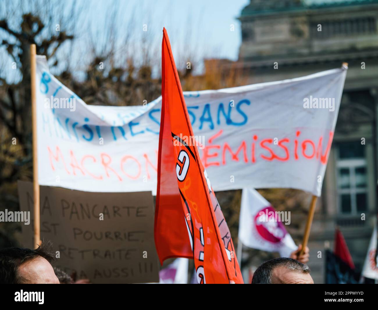Strasborg, France - Mar 29, 2023: A group of adult protestors gather ...