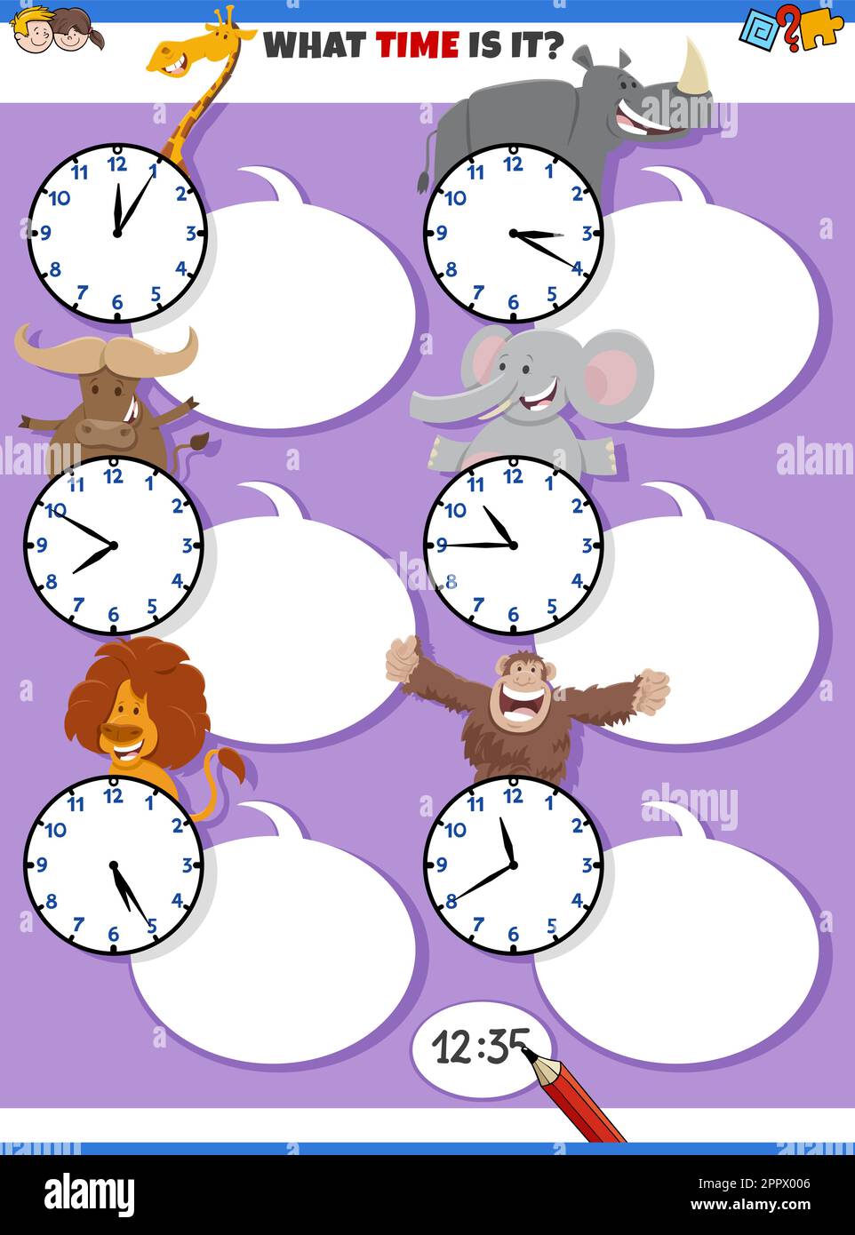telling time educational task with cartoon animals Stock Vector Image ...