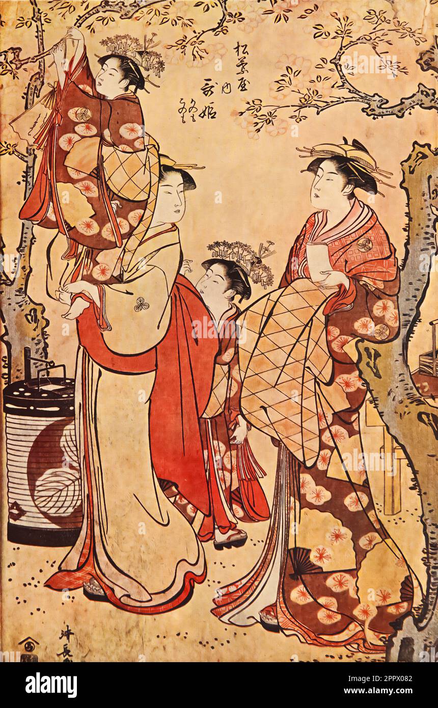 Torii Kiyonaga : Girls tying Poems on Blossoming Trees in Spring ...