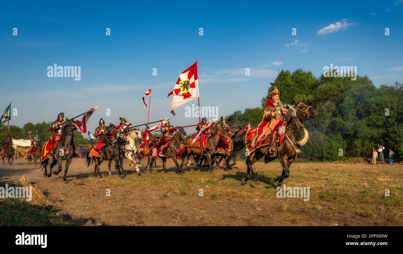Gniew, Poland, Aug 2020 Castellan on a horse leading the charge of ...