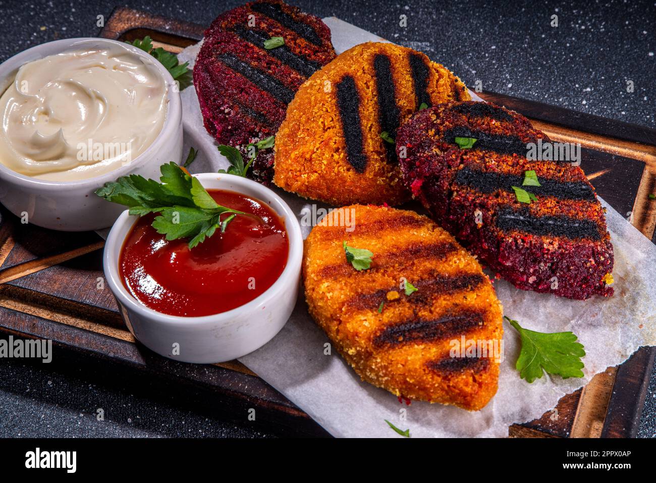 Vegan beetroot carrot cutlets. Vegetable grilled cutlets with ketchup ...