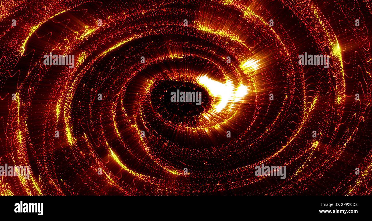 Abstract background orange fiery funnel swirl tunnel spiral on glowing waves from neon lines ...