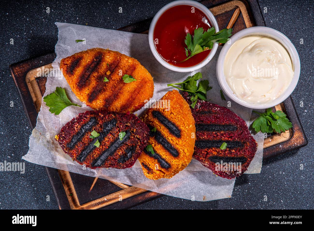 Vegan beetroot carrot cutlets. Vegetable grilled cutlets with ketchup ...