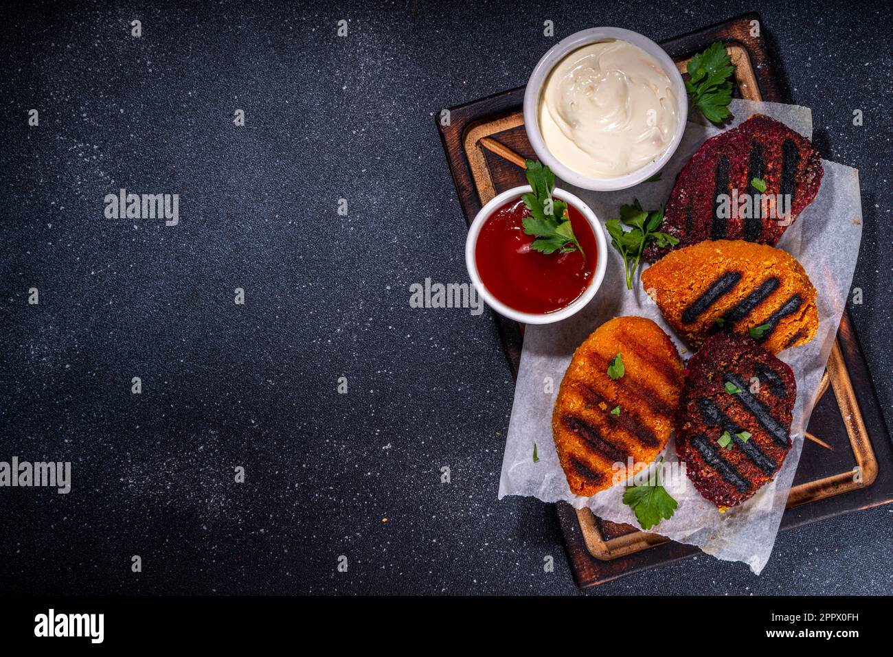 Vegan beetroot carrot cutlets. Vegetable grilled cutlets with ketchup ...