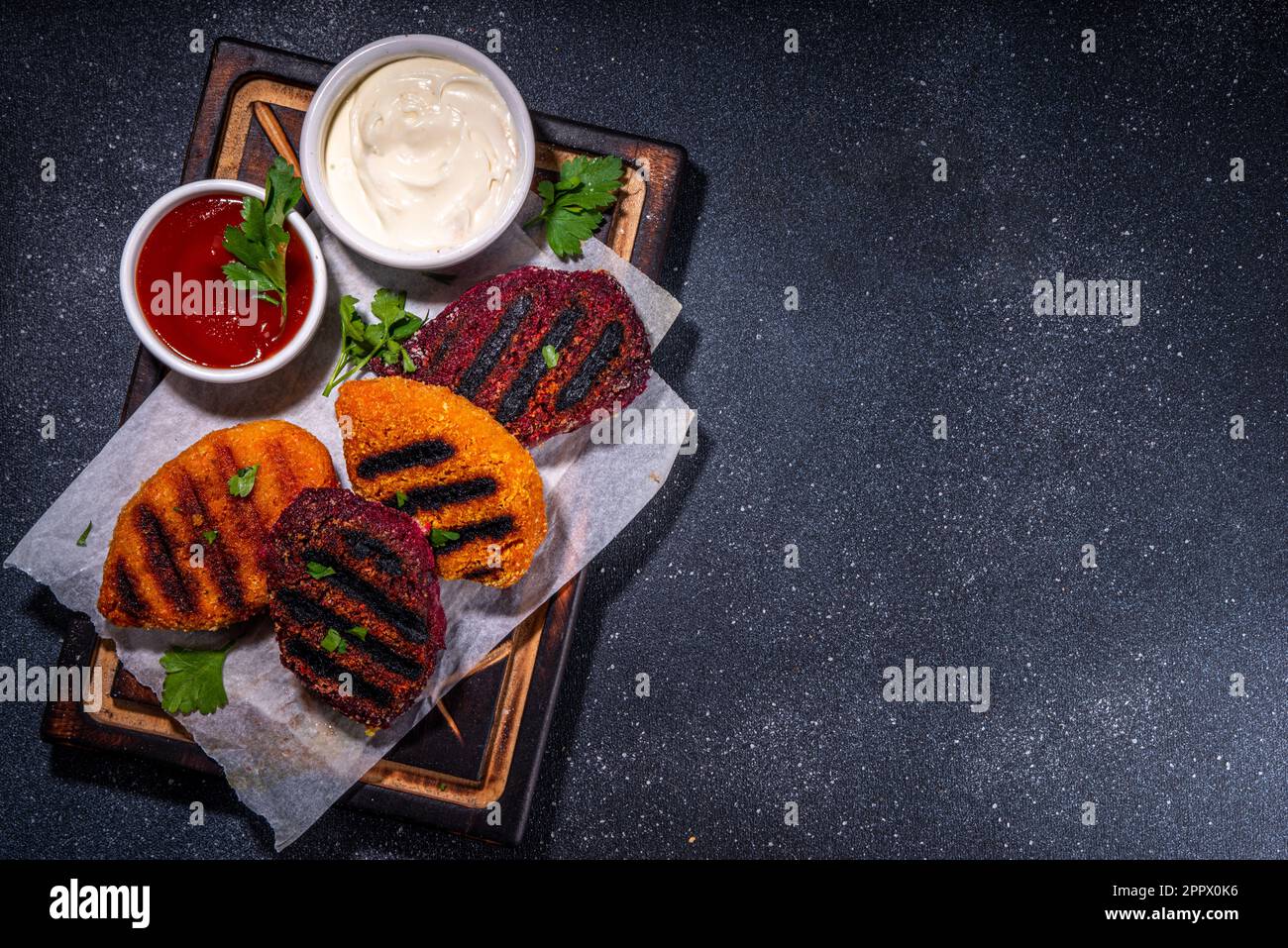 Vegan beetroot carrot cutlets. Vegetable grilled cutlets with ketchup ...