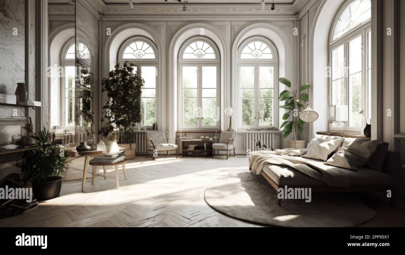 Living room interior in modern country house. Minimalism, light ...