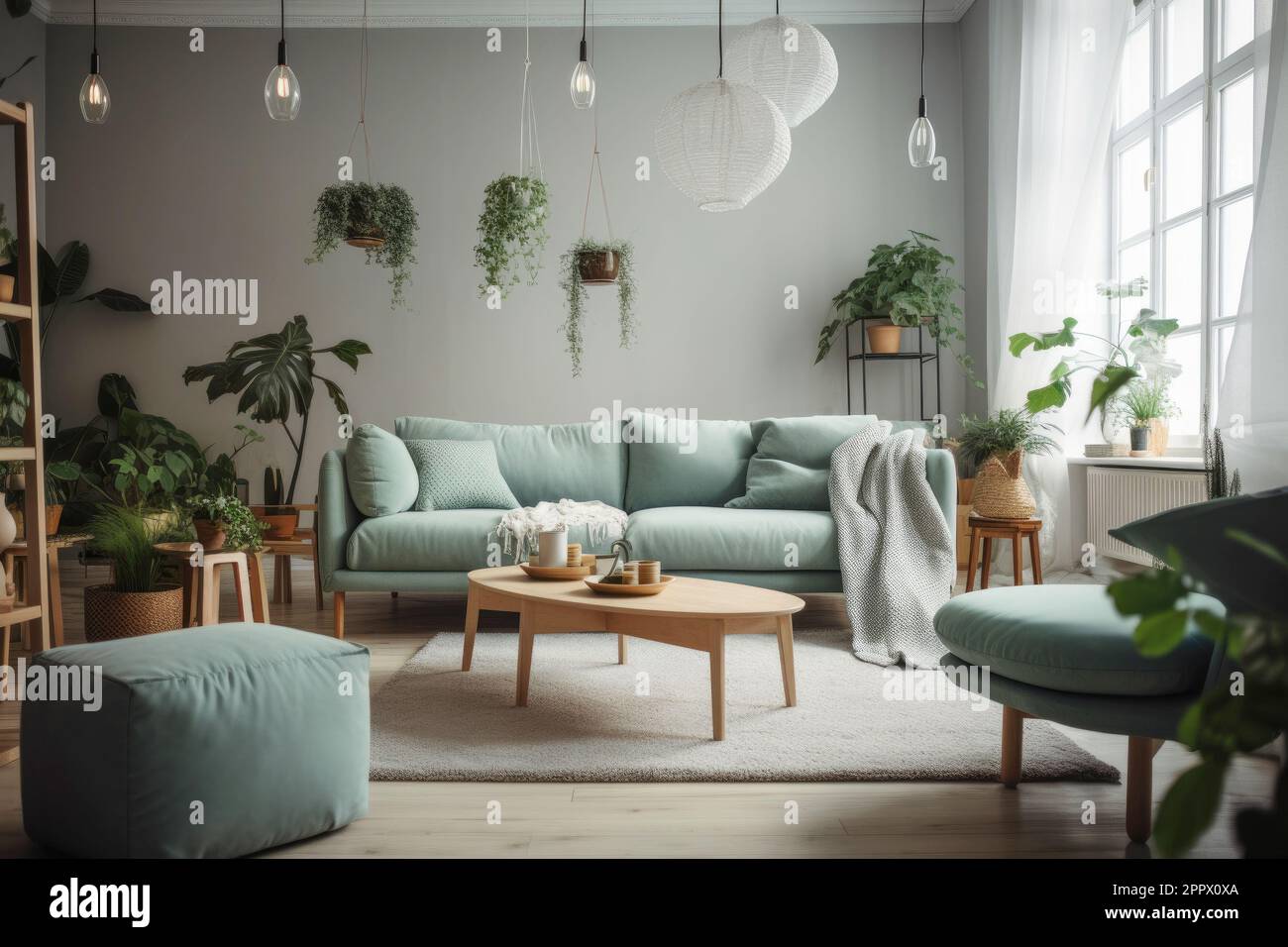 Interior of a cozy small living room in a modern country house or ...