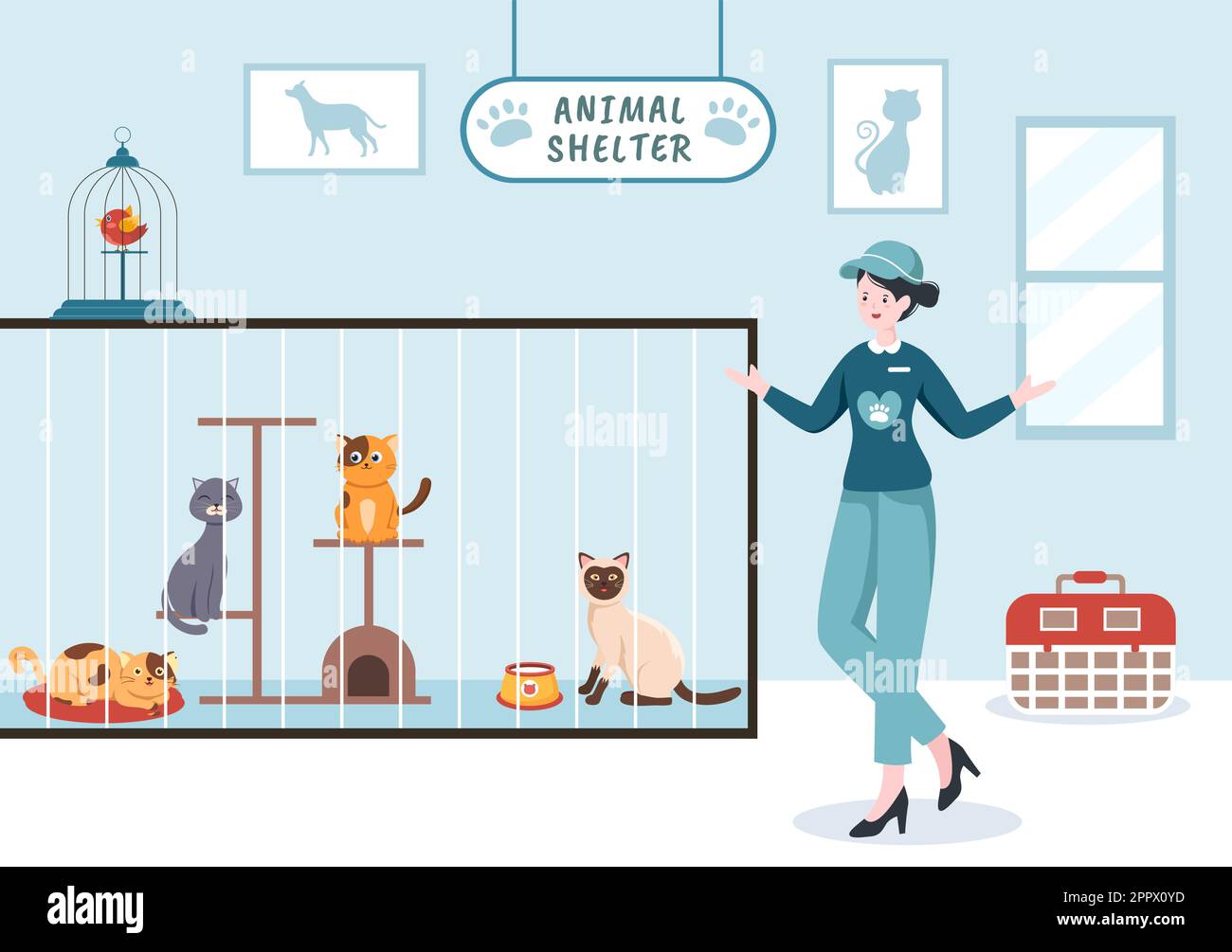Animal Shelter Cartoon Illustration with Pets Sitting in Cages and ...