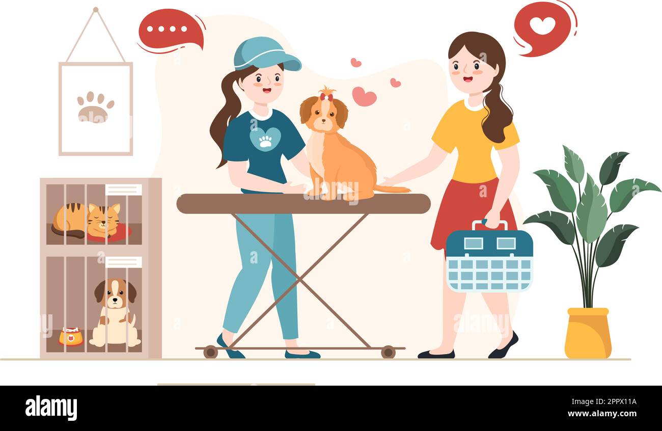 Animal Shelter Cartoon Illustration with Pets Sitting in Cages and ...