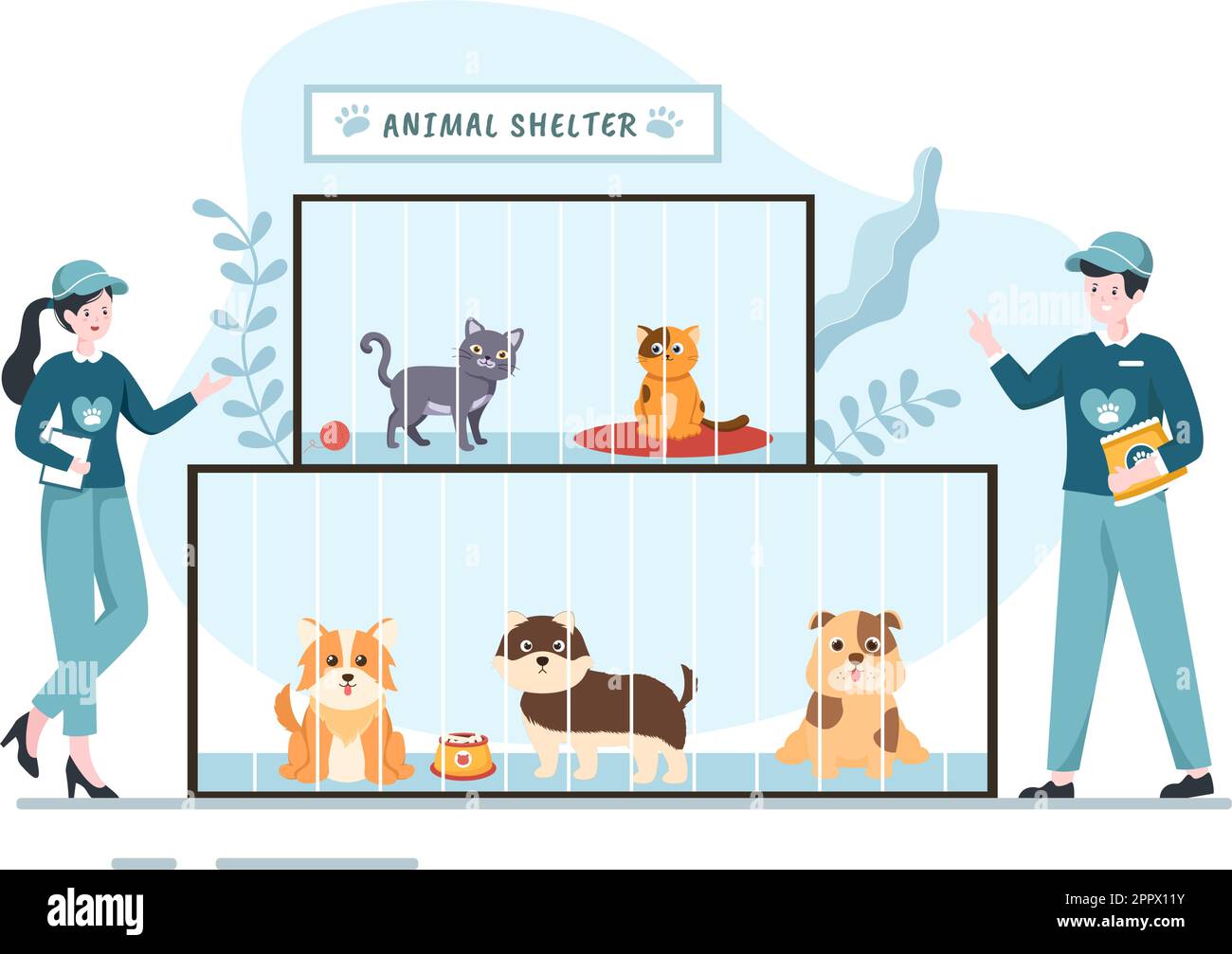 Animal Shelter Cartoon Illustration with Pets Sitting in Cages and ...