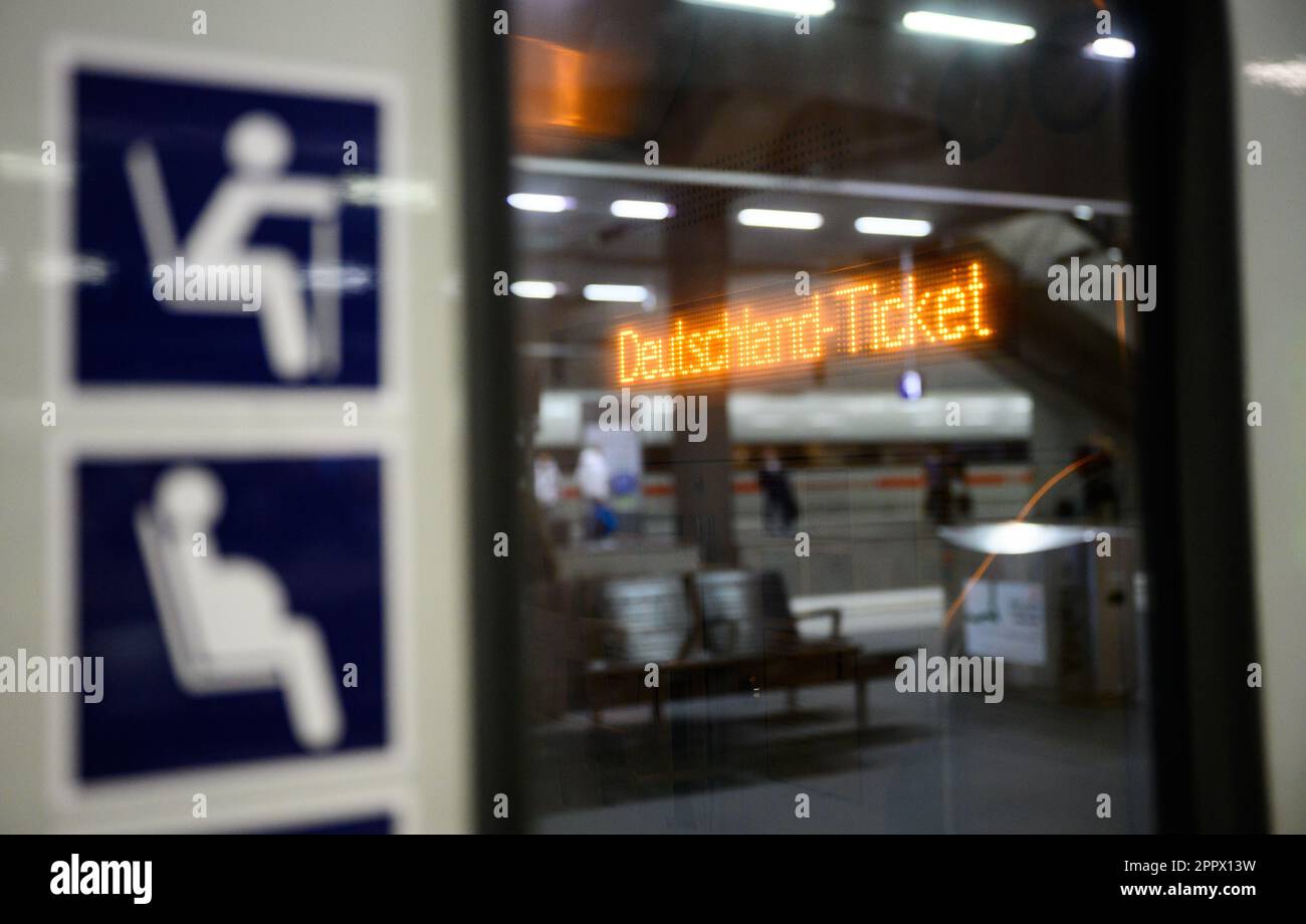 25 April 2023, Berlin: "Deutschland-Ticket" is written on the display ...