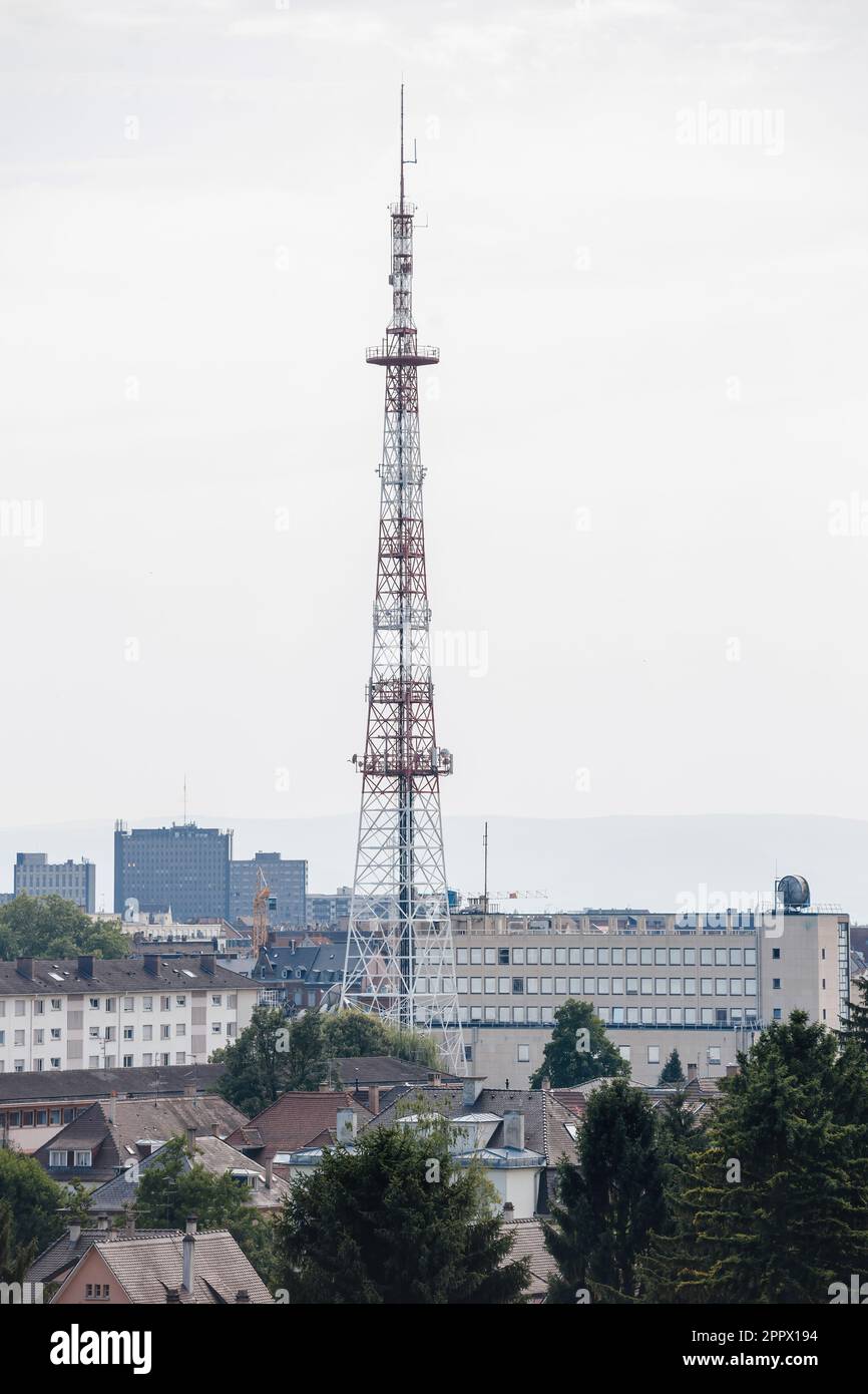 The skyline of Strasbourg, Alsace France bustling city is highlighted ...