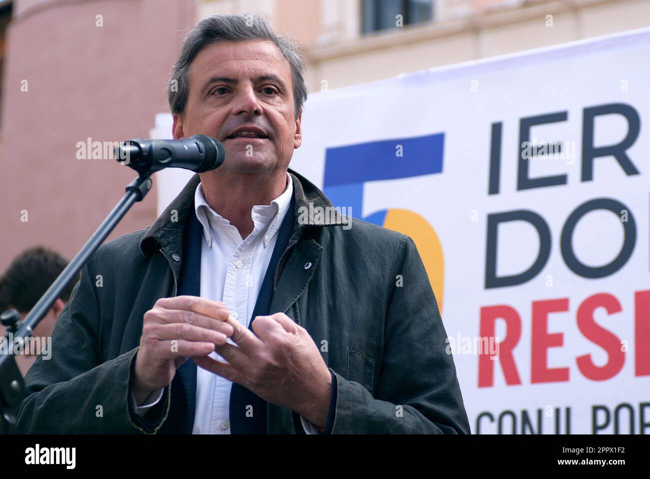 Rome, Italy. 25th Apr, 2023. Carlo Calenda speaks from the stage at the ...