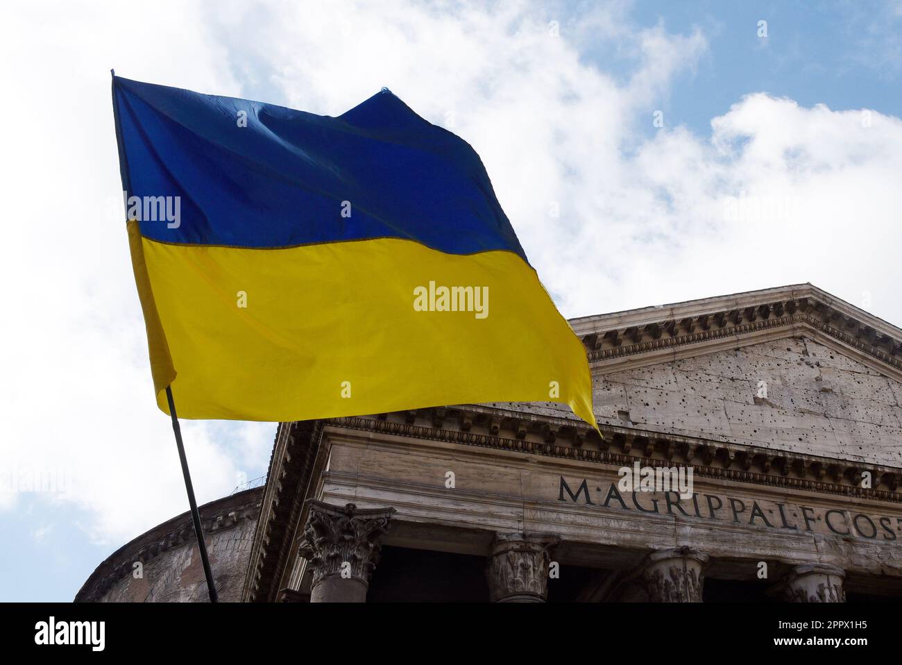 Rome, Italy. 25th Apr, 2023. A Ukrainian flag is seen waving during ...