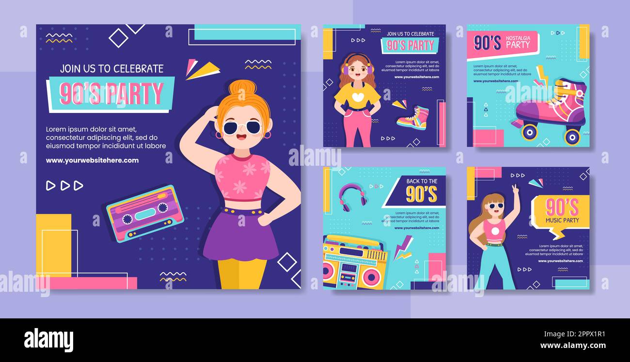90s Retro Party Social Media Post Template Flat Cartoon Background ...