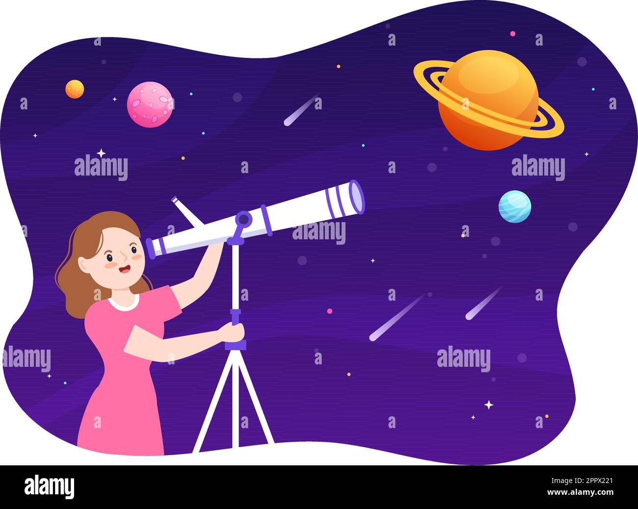Astronomy Cartoon Illustration with People Watching Night Starry Sky ...