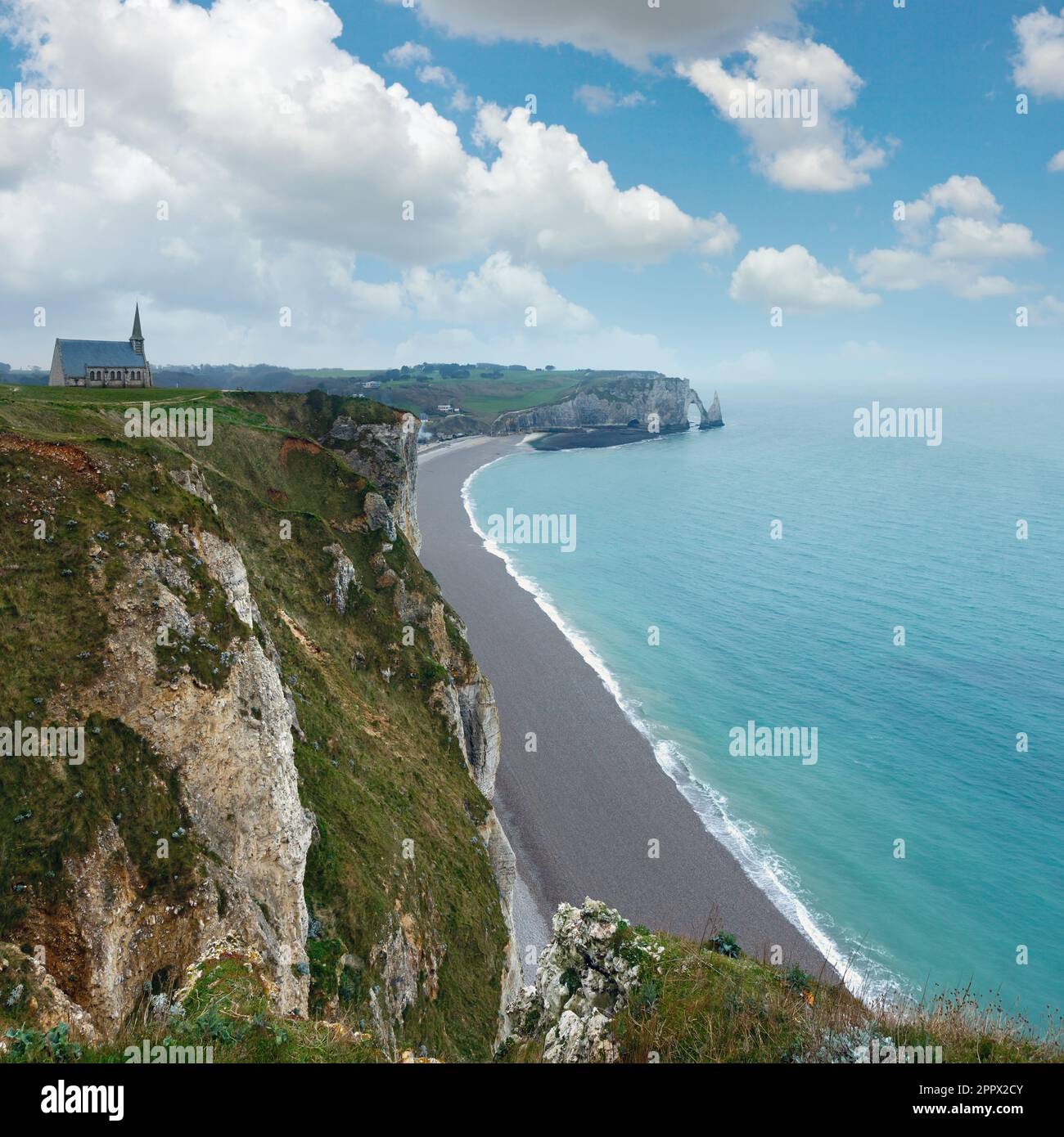 Etretat spring coast, France and church (Chapelle Notre-Dame-de-la ...