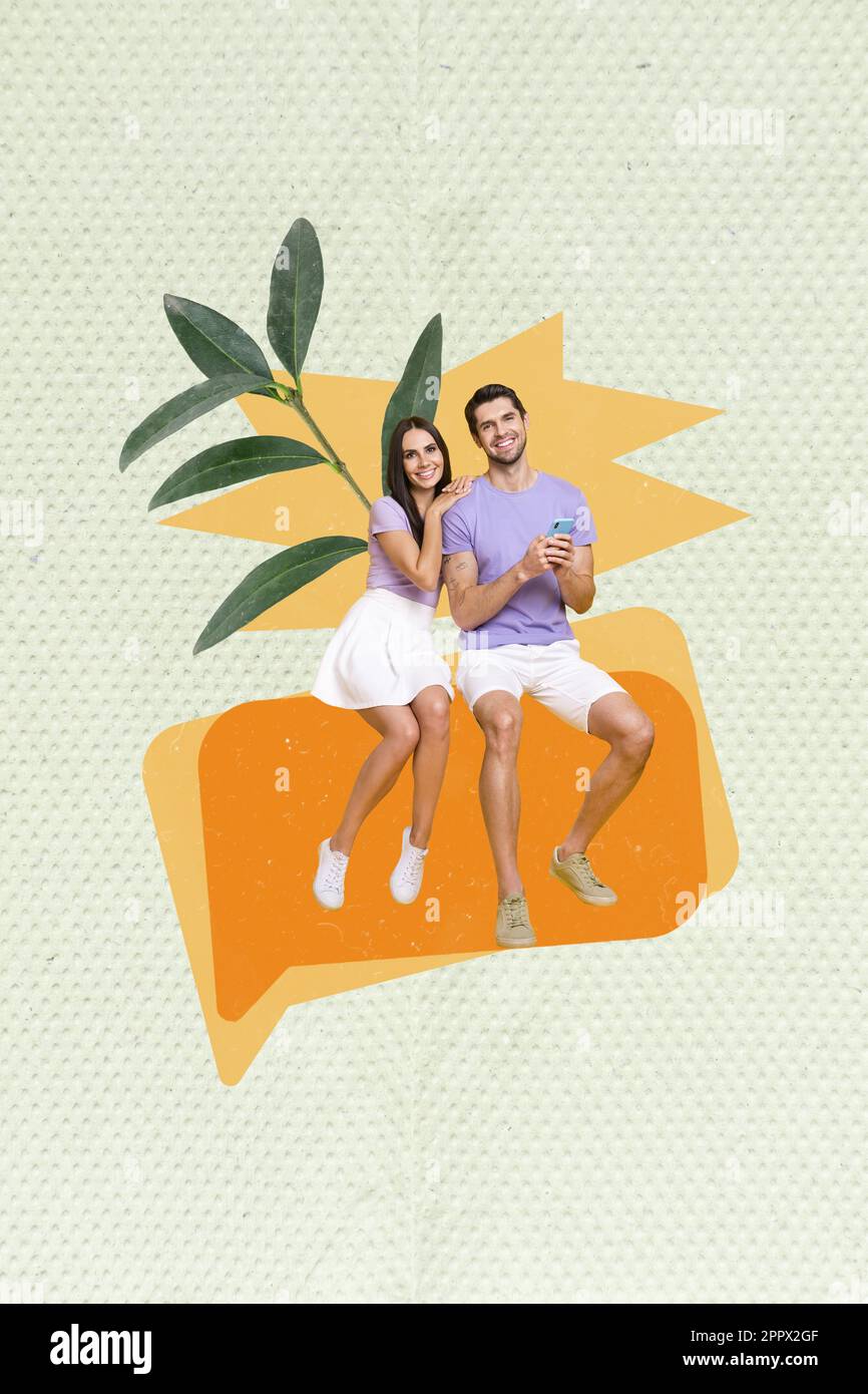 Composite collage image of funny smiling couple female guy sitting big ...