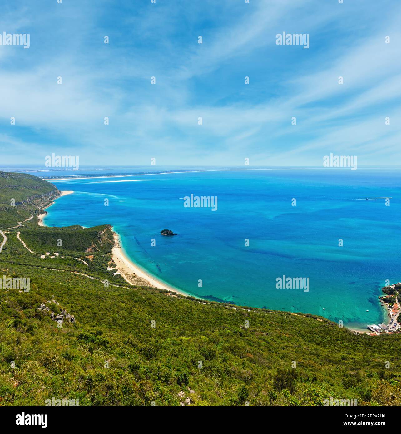 Summer sea coastal landscape with sandy Portinho beach. Top view from ...