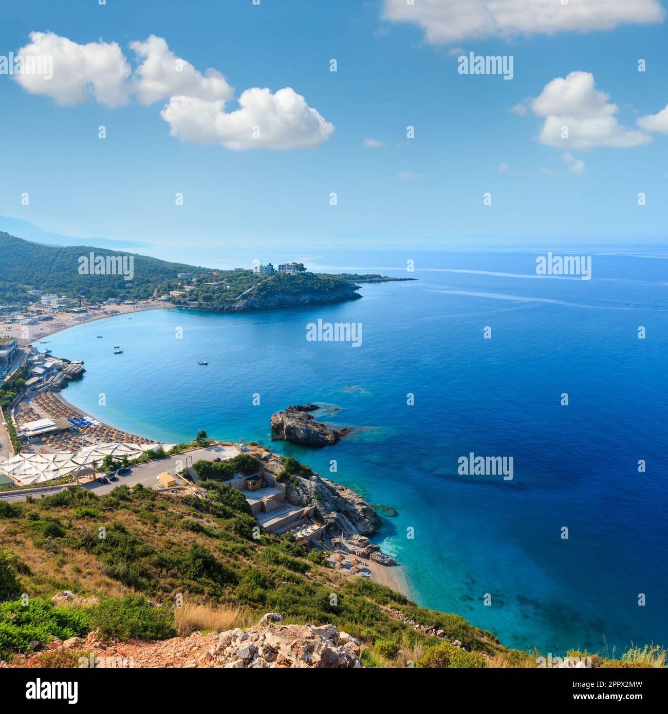 Morning summer Ionian sea coast top view with beaches, Albania Stock Photo - Alamy