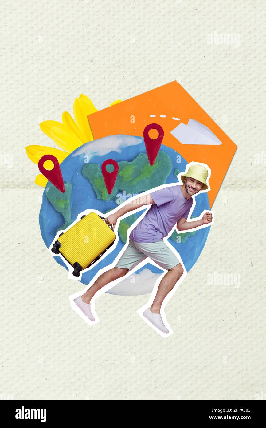 Vertical creative collage image of excited young guy running fast ...