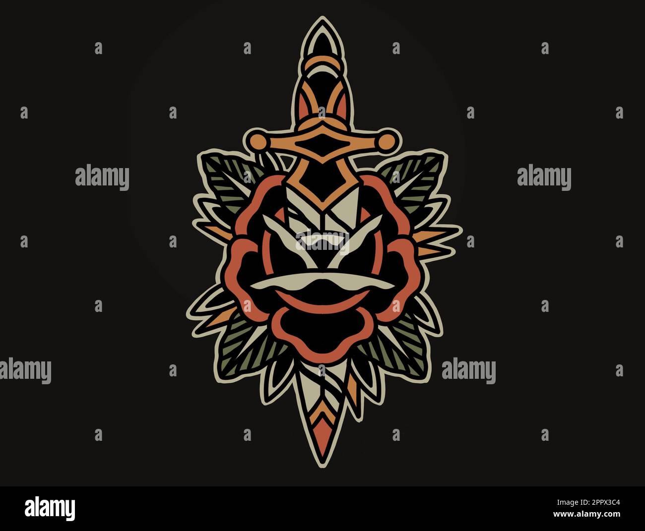 Tattoo style inspired graphic design on black background sword stabbing ...