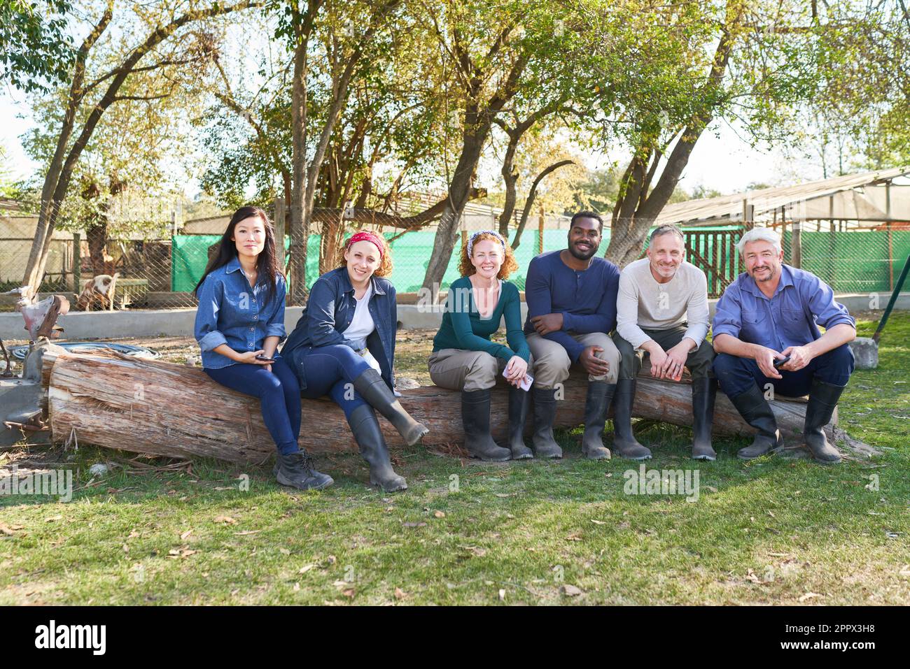 Full length portrait of smiling farmer's team sitting on log together ...
