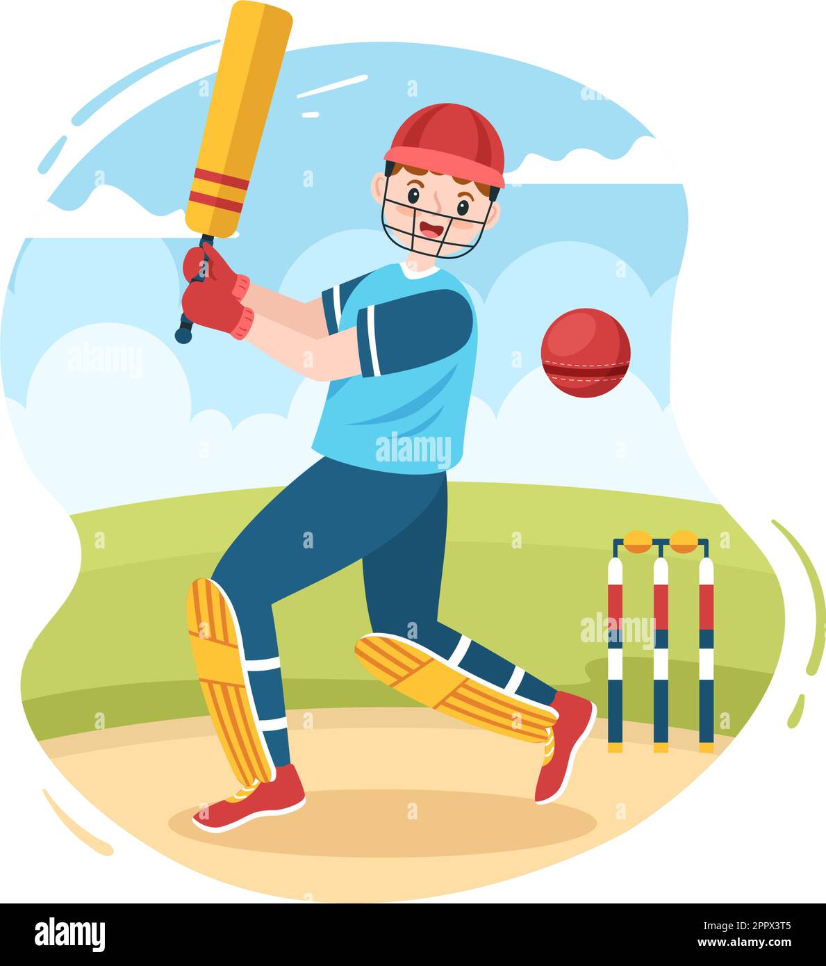Batsman Playing Cricket Sports with Ball and Stick in Flat Cartoon ...