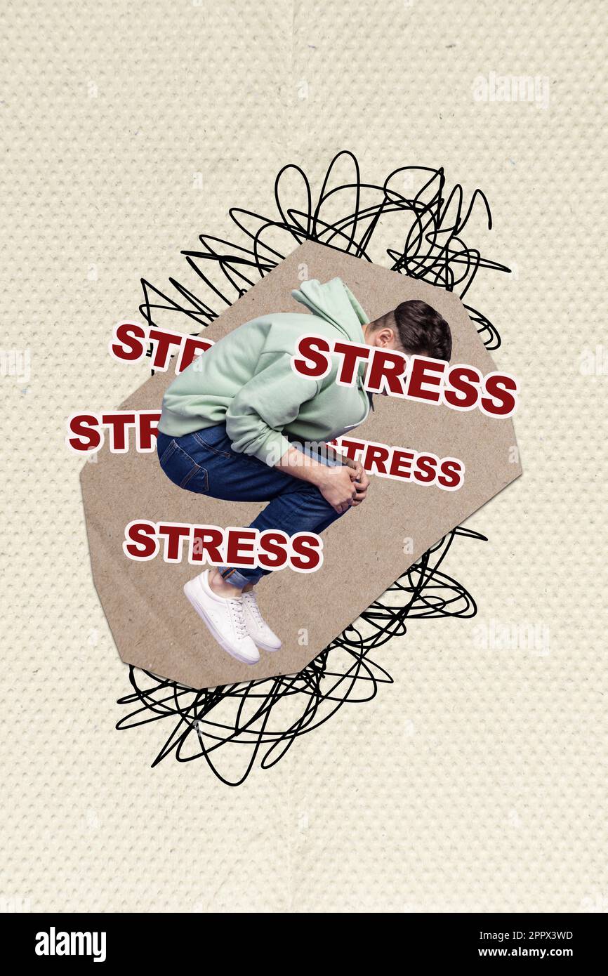 Creative poster collage of young depressed man lie floor hug knees bad ...