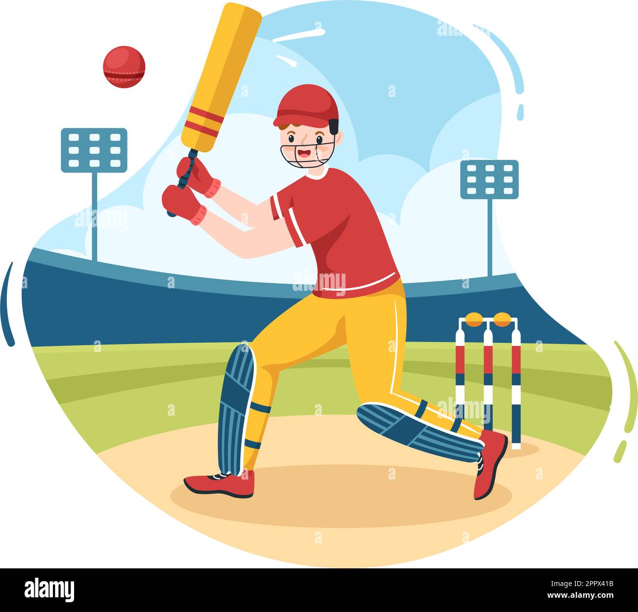 Batsman Playing Cricket Sports with Ball and Stick in Flat Cartoon ...