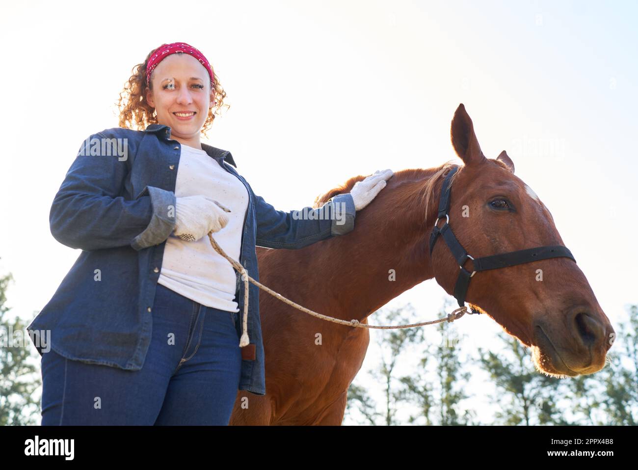 Low angle portrait of smiling mature female rancher with horse at ranch ...