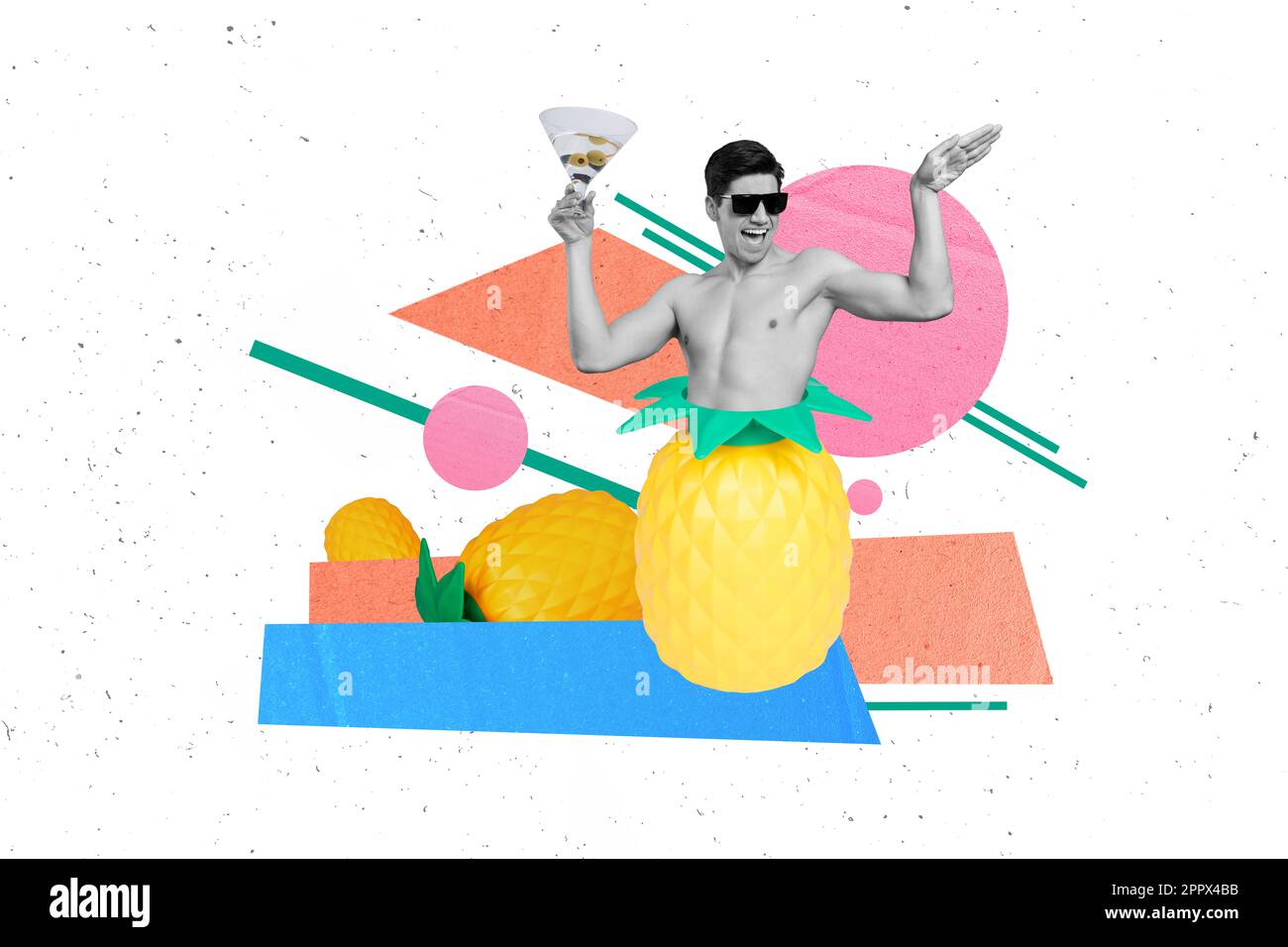 Summer theme photo collage relaxed male cheers ananas cocktail drink ...