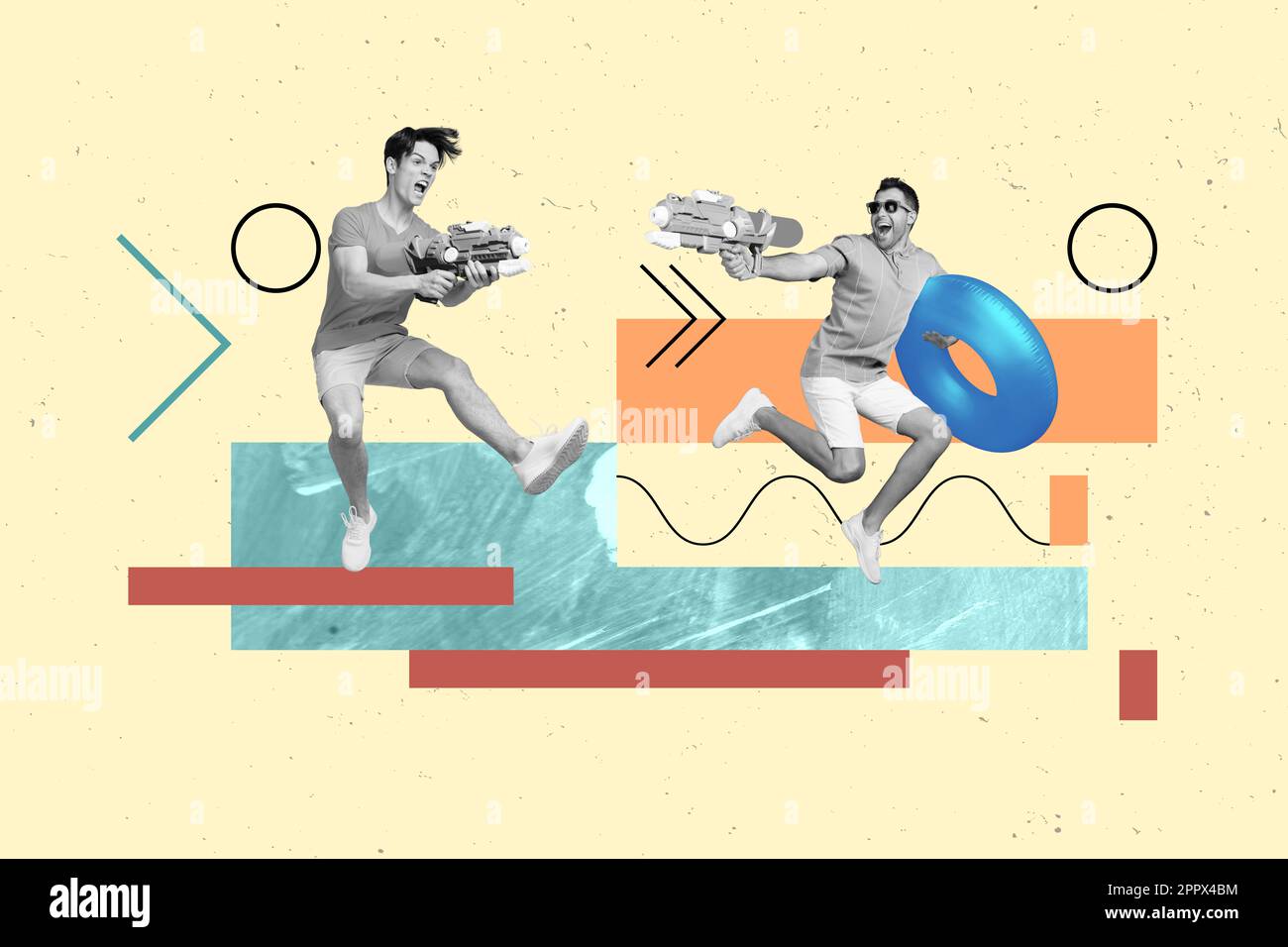 Funky photo collage funny two guys friends shooting water guns weapons ...