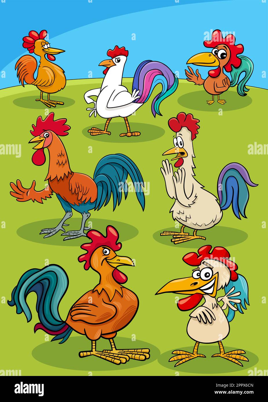 cartoon roosters farm birds animal characters group Stock Vector Image ...