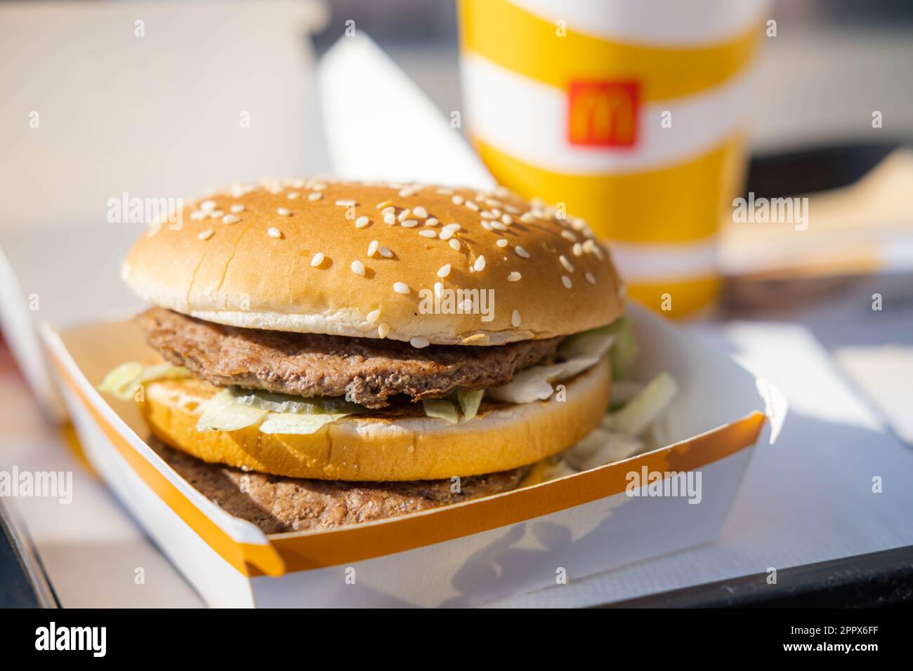 Big Mac close up with paper cup McDonalds Coca Cola, eating fast food ...
