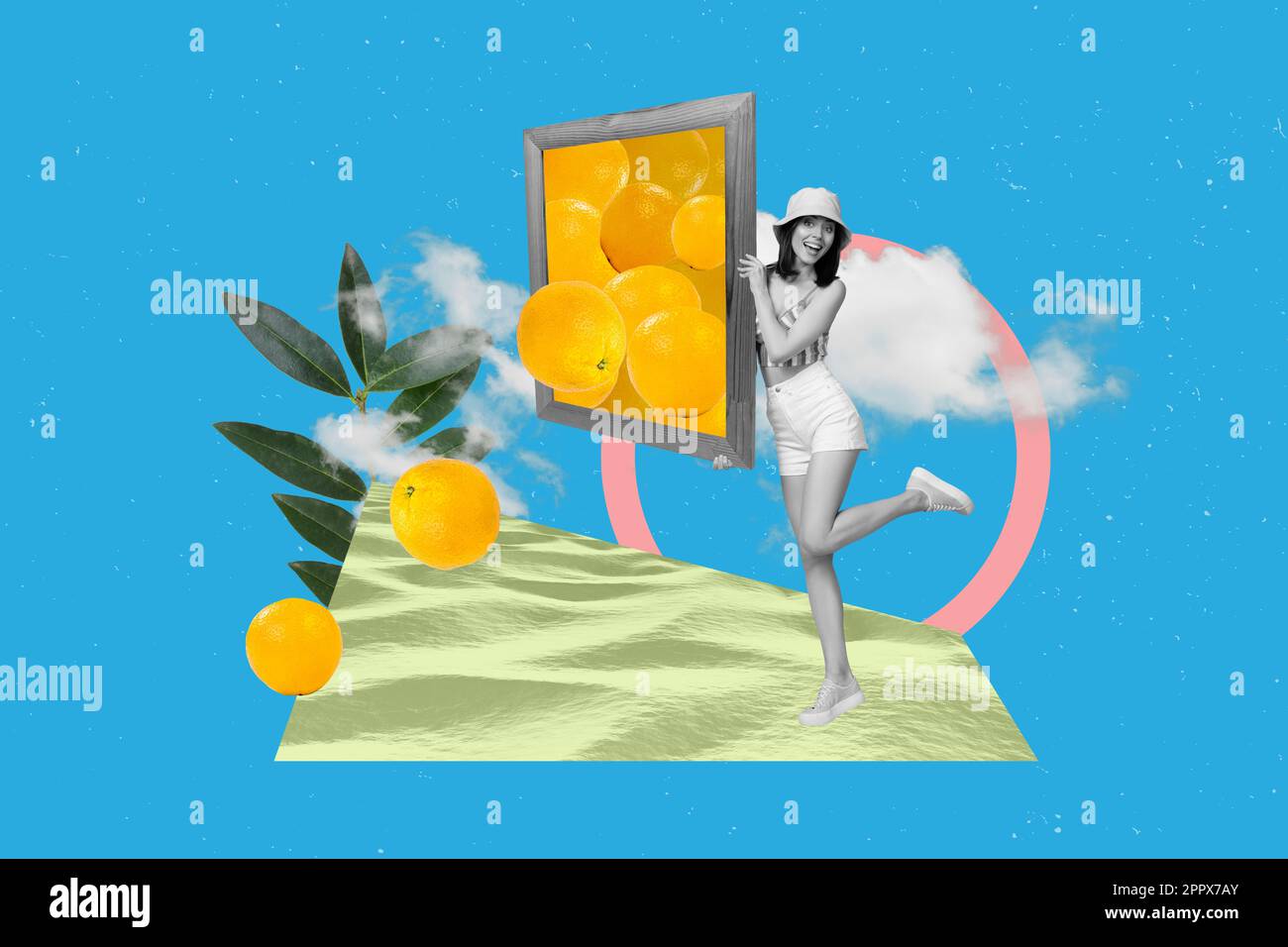 Poster template collage of happy young lady showing picture with ...