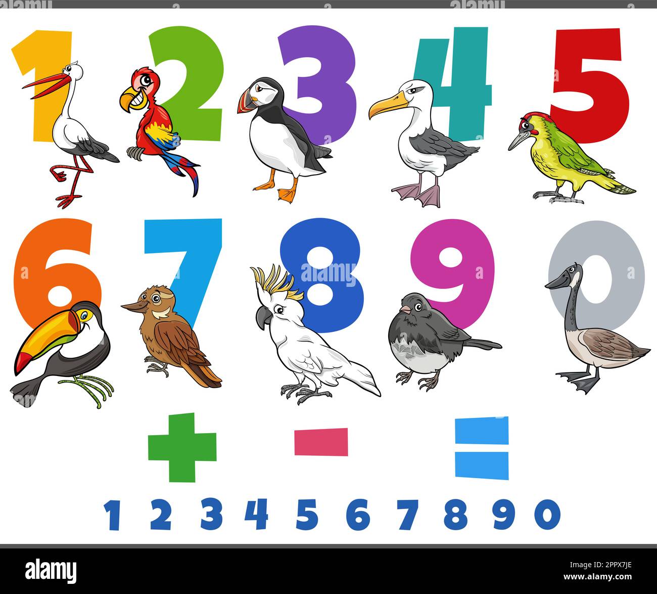 educational numbers set with cartoon birds animal character Stock ...