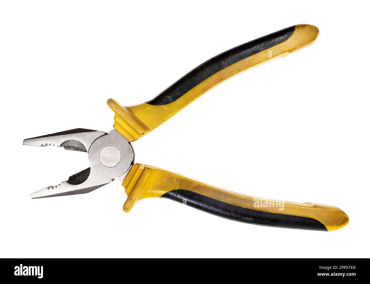 big used open pliers with yellow and black rubber handle isolated on ...