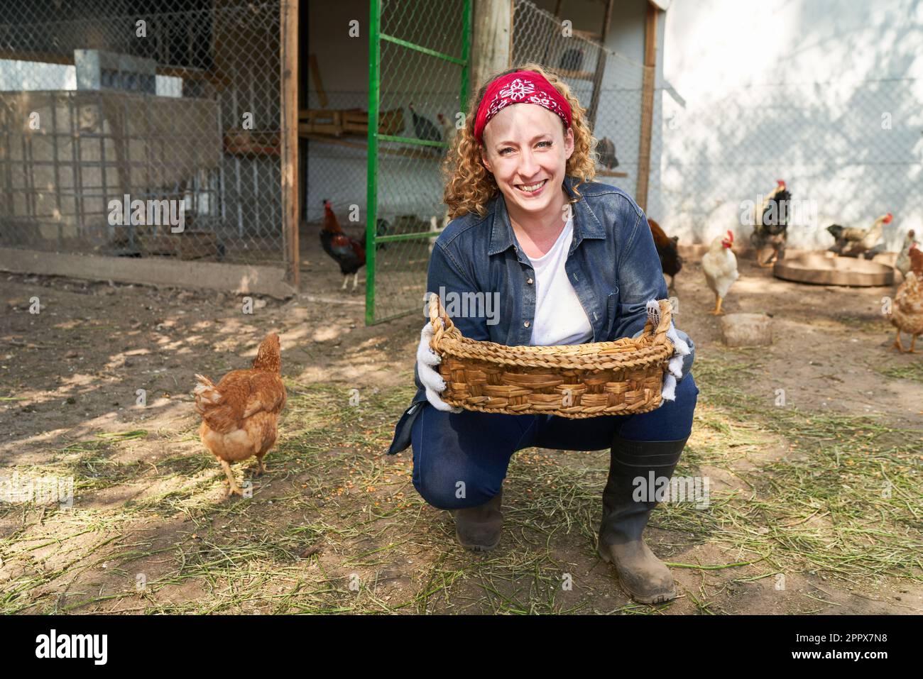 Portrait of smiling female farmer holding wicker basket crouching by ...