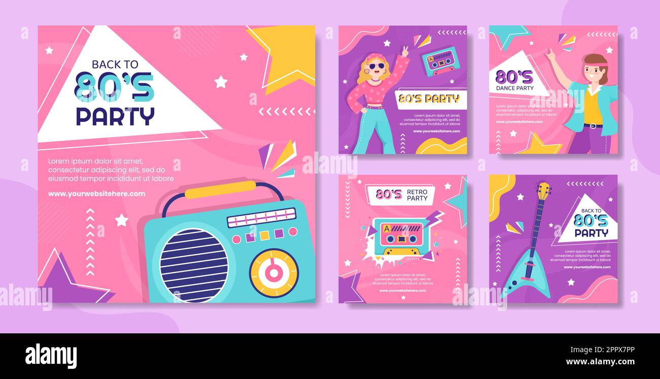 80s Party Social Media Post Template Flat Cartoon Background Vector ...