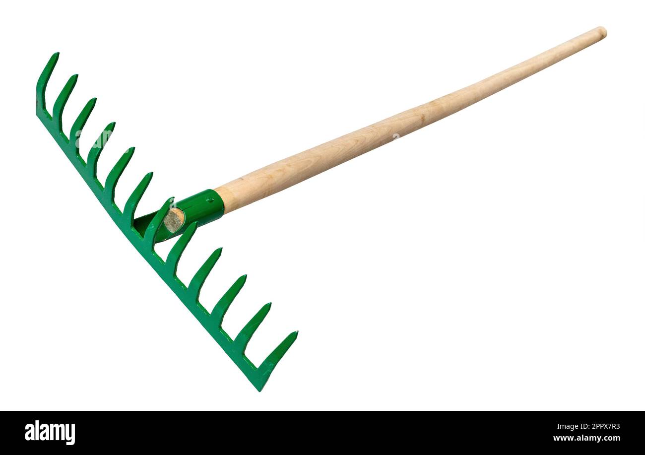steel rake with tines pointing up with wooden handle isolated on white ...