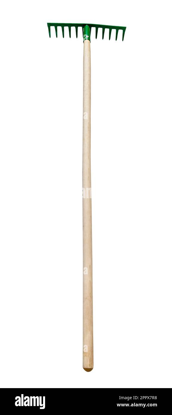steel rake with tines downwards with wooden handle isolated on white ...