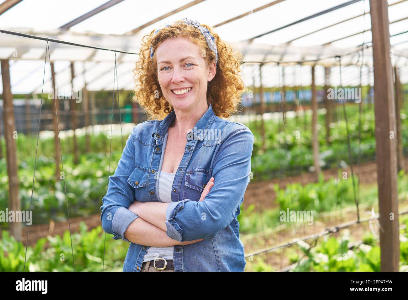 Portrait of confident female farmer with arms crossed standing at farm ...