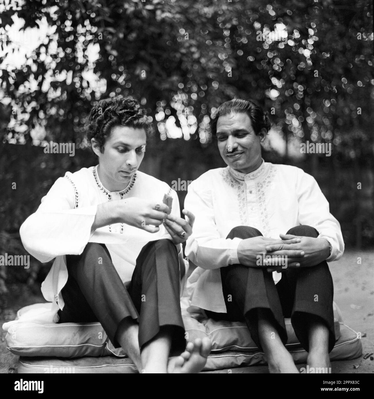 Pandit Shivkumar Sharma examines a leaf as Ustad Sabri Khan looks on ...